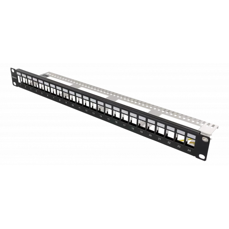 19" Keystone patch panel, 24 ports, 1U, ground cable, metal