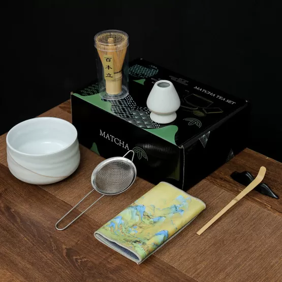 INF Matcha Visp Set CT Sju Delar - Vit Keramik & Bambu