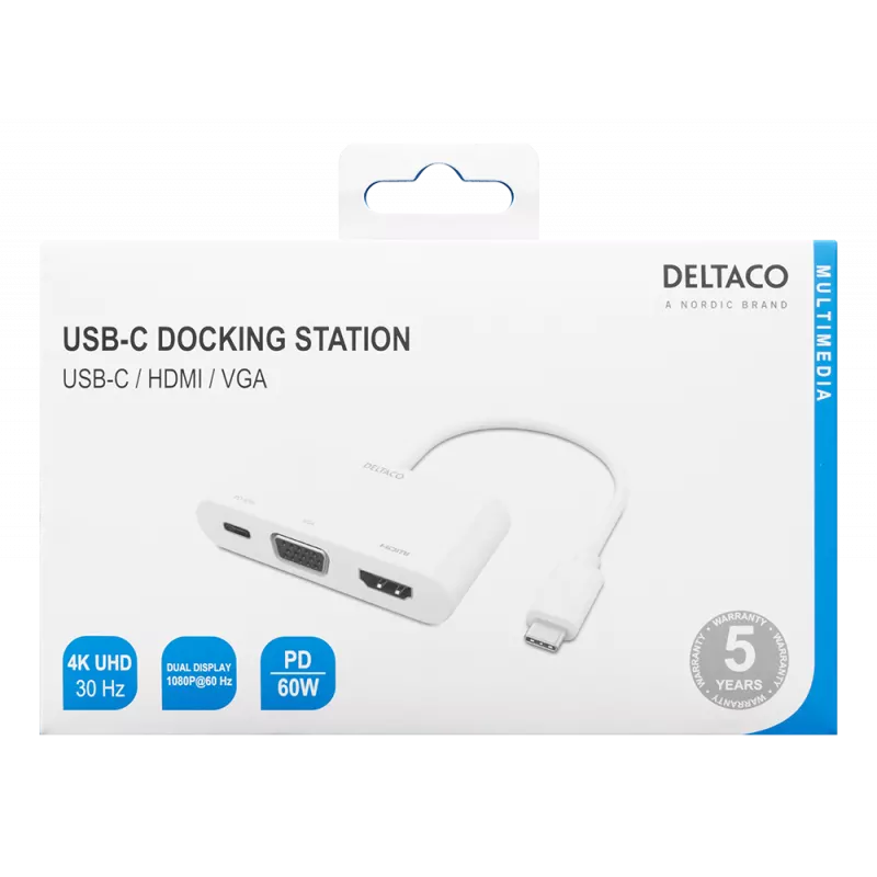 USB-C docking station, HDMI/VGA/USB-C, PD 2.0, white