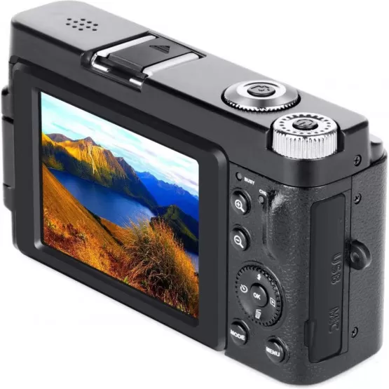 INF 4K digitalkamera med 48 MP upplösning, 3" fällbar skärm och smarta