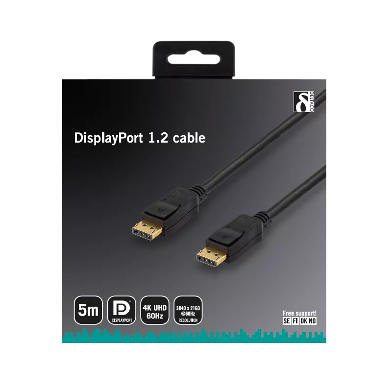 DisplayPort cable, UltraHD 60Hz, 5m, 20-pin male, male,