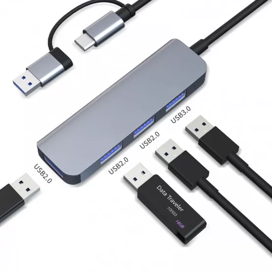 INF Dual USB-C och USB-A Hub med 1 USB3.0-port och 3 USB2.0-portar