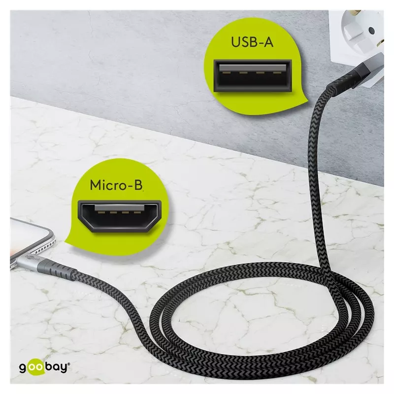 Micro-USB till USB-A textilkabel med metallkontakter 0,5 m